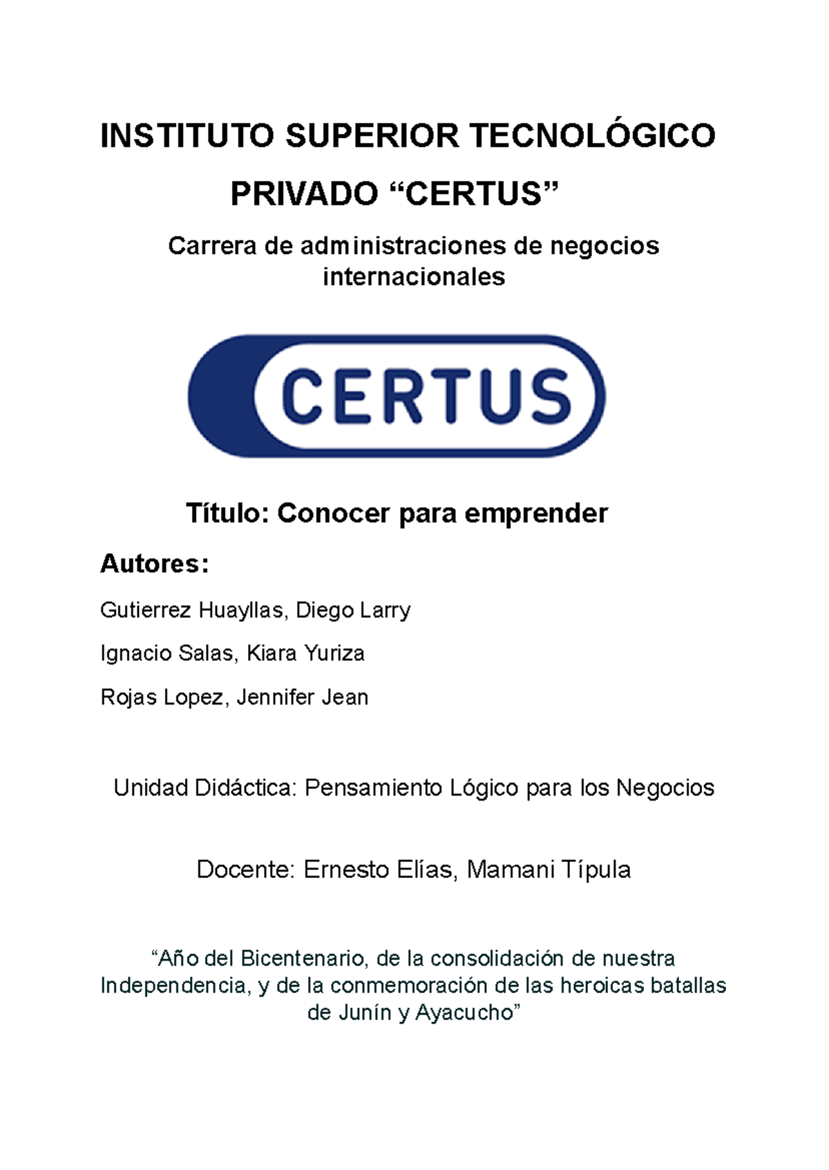 Documento sin título - Aprender mas - INSTITUTO SUPERIOR TECNOLÓGICO PRIVADO “CERTUS” Carrera de ...