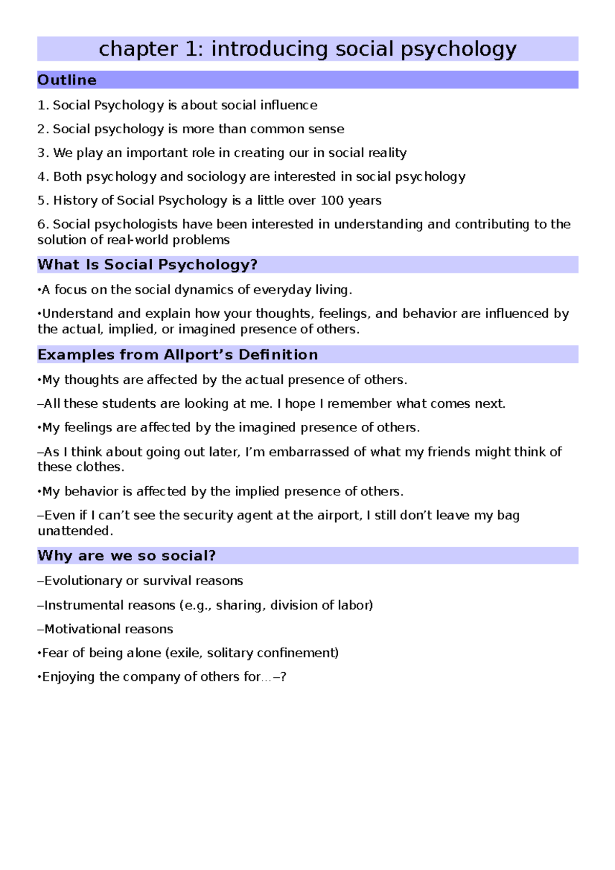 Ch1 - general psychology lecture notes - chapter 1: introducing social ...