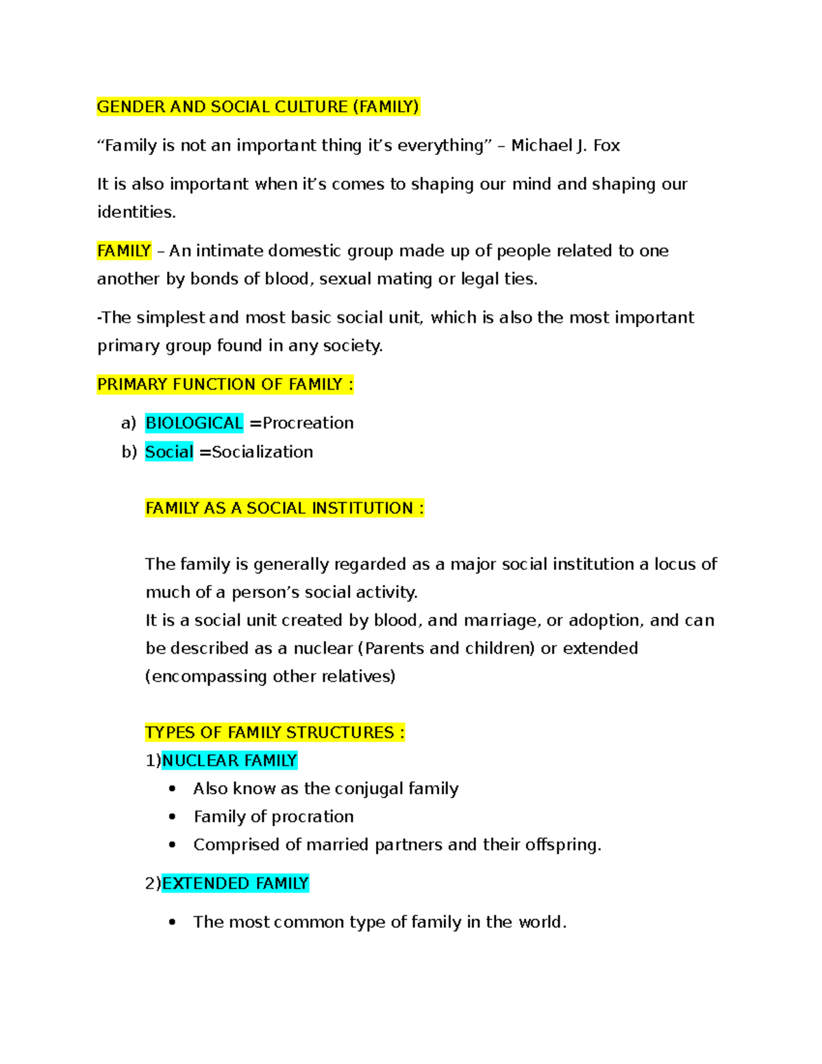 Gender & social culture - GENDER AND SOCIAL CULTURE (FAMILY) “Family is ...