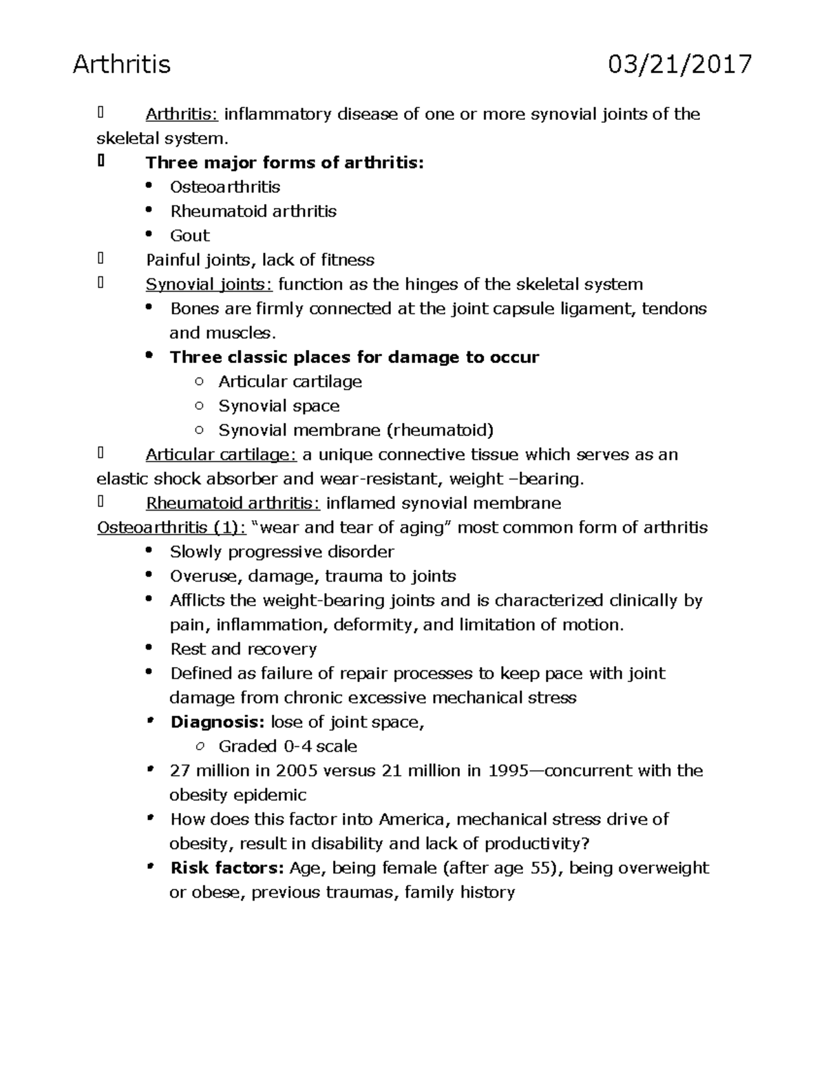 Arthritis notes - Arthritis 03/21/2017 Arthritis: inflammatory disease ...