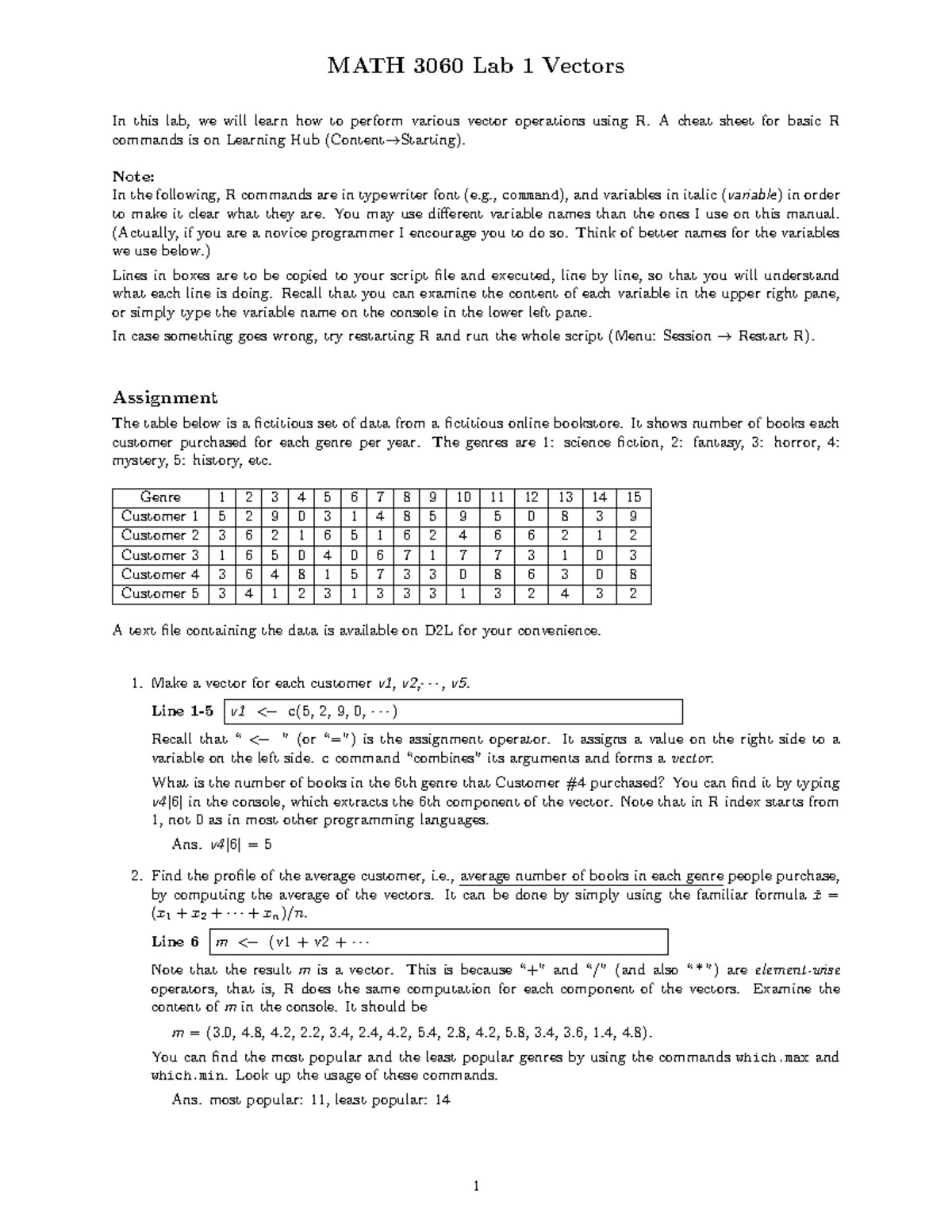 Laboratory work math - MATH 3060 Lab 1 Vectors In this lab, we will ...