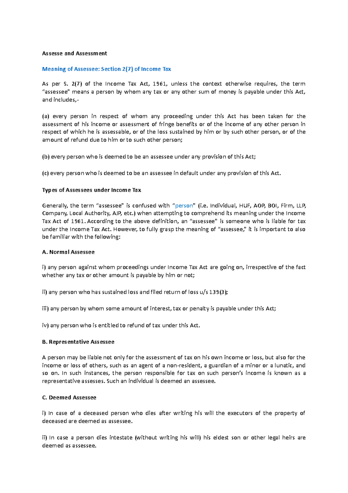 UNIT 1 D) - Good Notes - Assesse and Assessment Meaning of Assessee ...