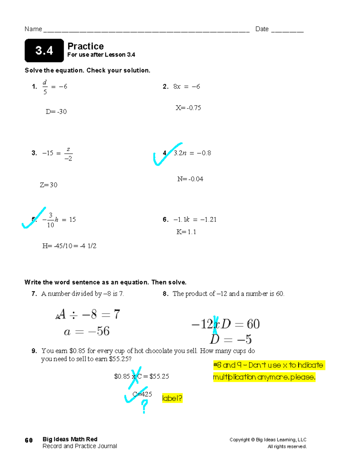 Leigha Randall - 7 Math WS 3 - Big Ideas Math Red Copyright © Big Ideas ...