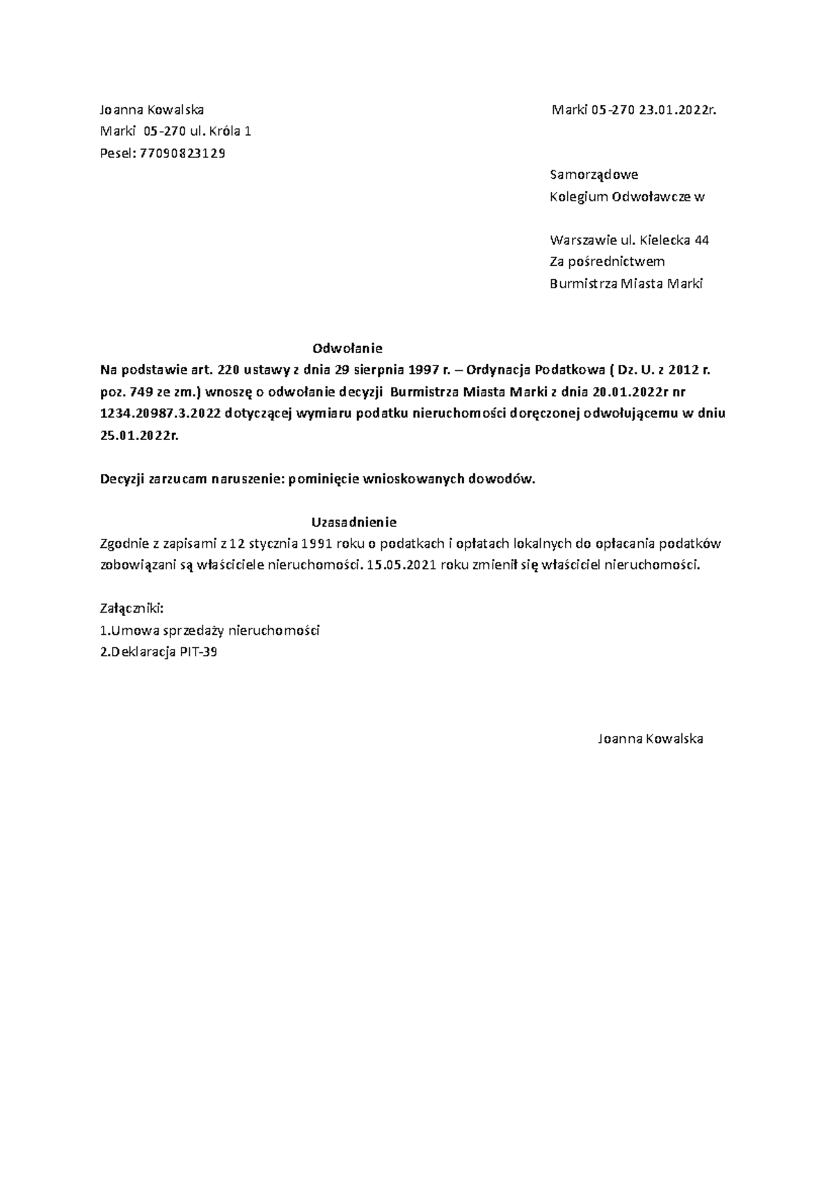 Odwołanie decyzji - ncjd - Joanna Kowalska Marki 05-270 23.01. Marki 05 ...