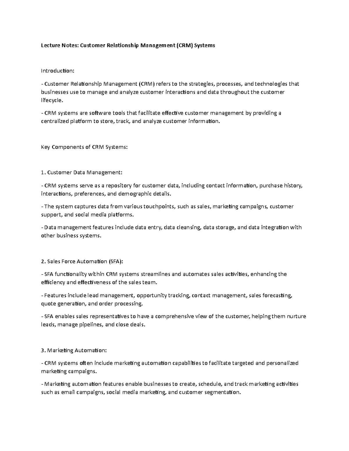 Lecture Notes: Customer Relationship Management (CRM) Systems - Lecture ...