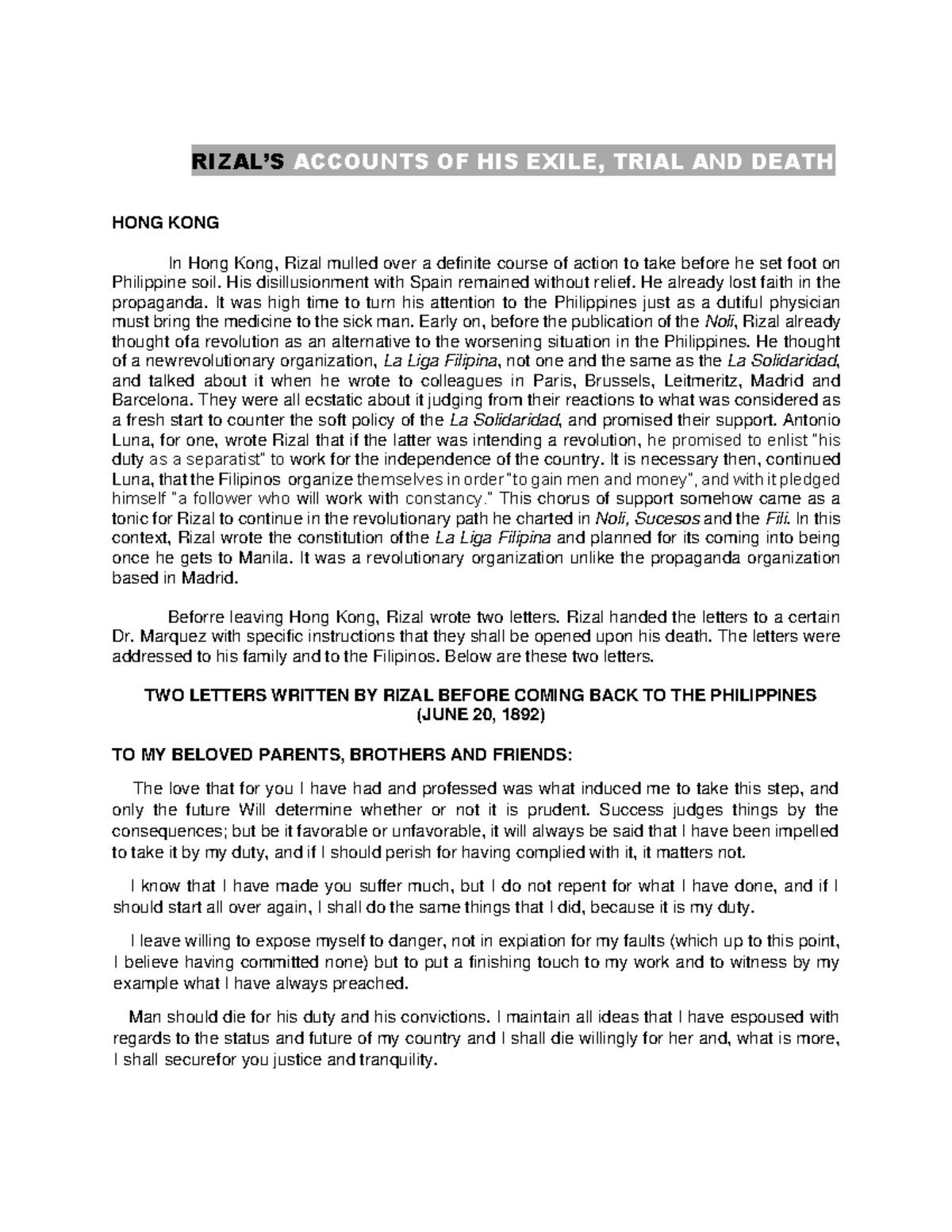 Rizal Accounts of his Exile, Trial and Death - RIZAL’S ACCOUNTS OF HIS ...