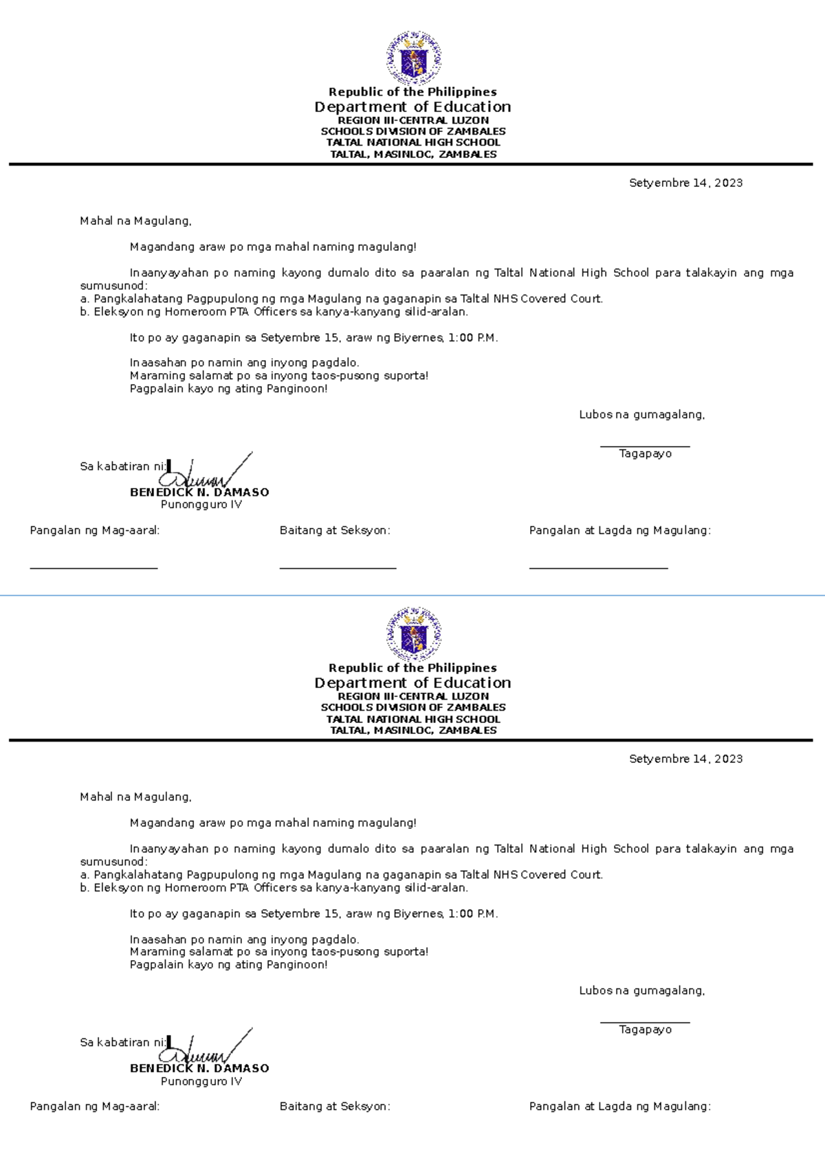 Letter to Parent September 15 2023 - Republic of the Philippines ...