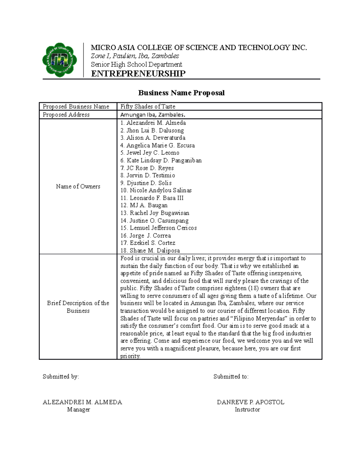 1st Business Name Proposal - MICRO ASIA COLLEGE OF SCIENCE AND ...