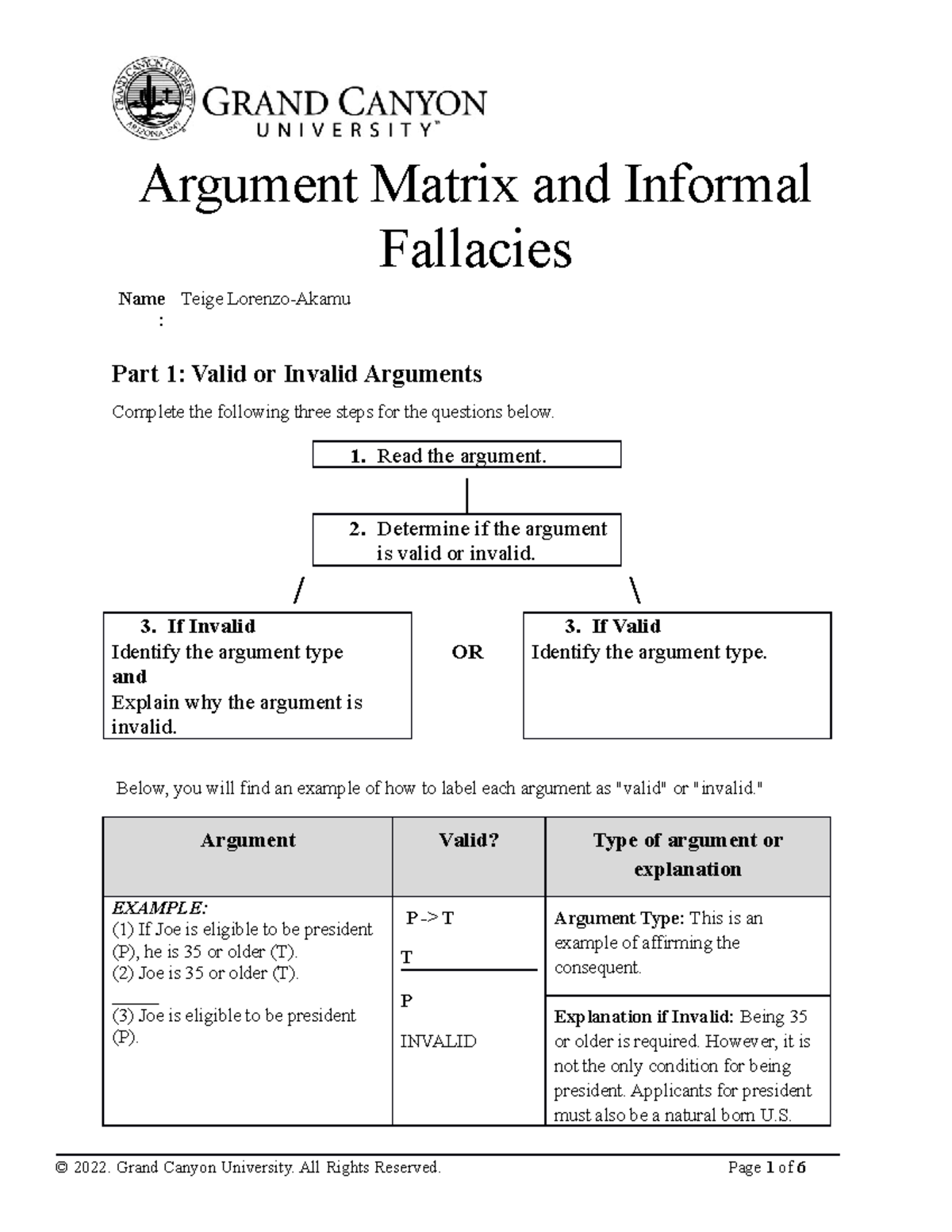 Argument Matrix Informal Fallacies Spring 2023 TLA - Argument Matrix and Informal Fallacies Name ...