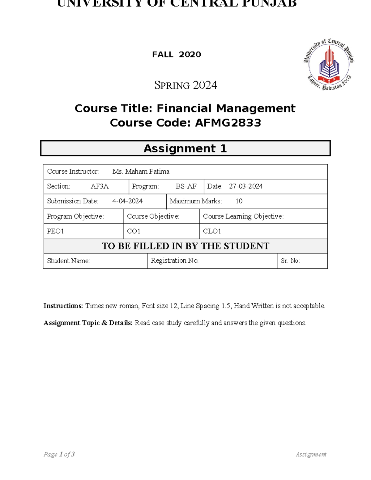 Assignment 1 - UNIVERSITY OF CENTRAL PUNJAB FALL 2020 SPRING 2024 ...