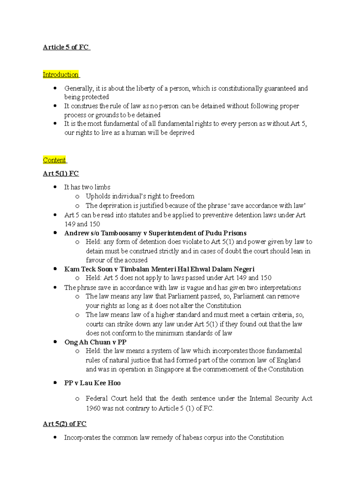 Art 5 of Federal Constitution - Article 5 of FC Introduction Generally ...