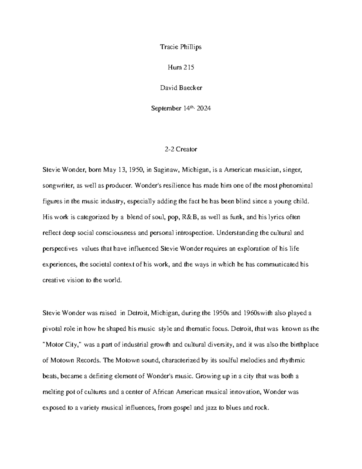 2-2 Creator Assignment - Tracie Phillips Hum 215 David Baecker ...