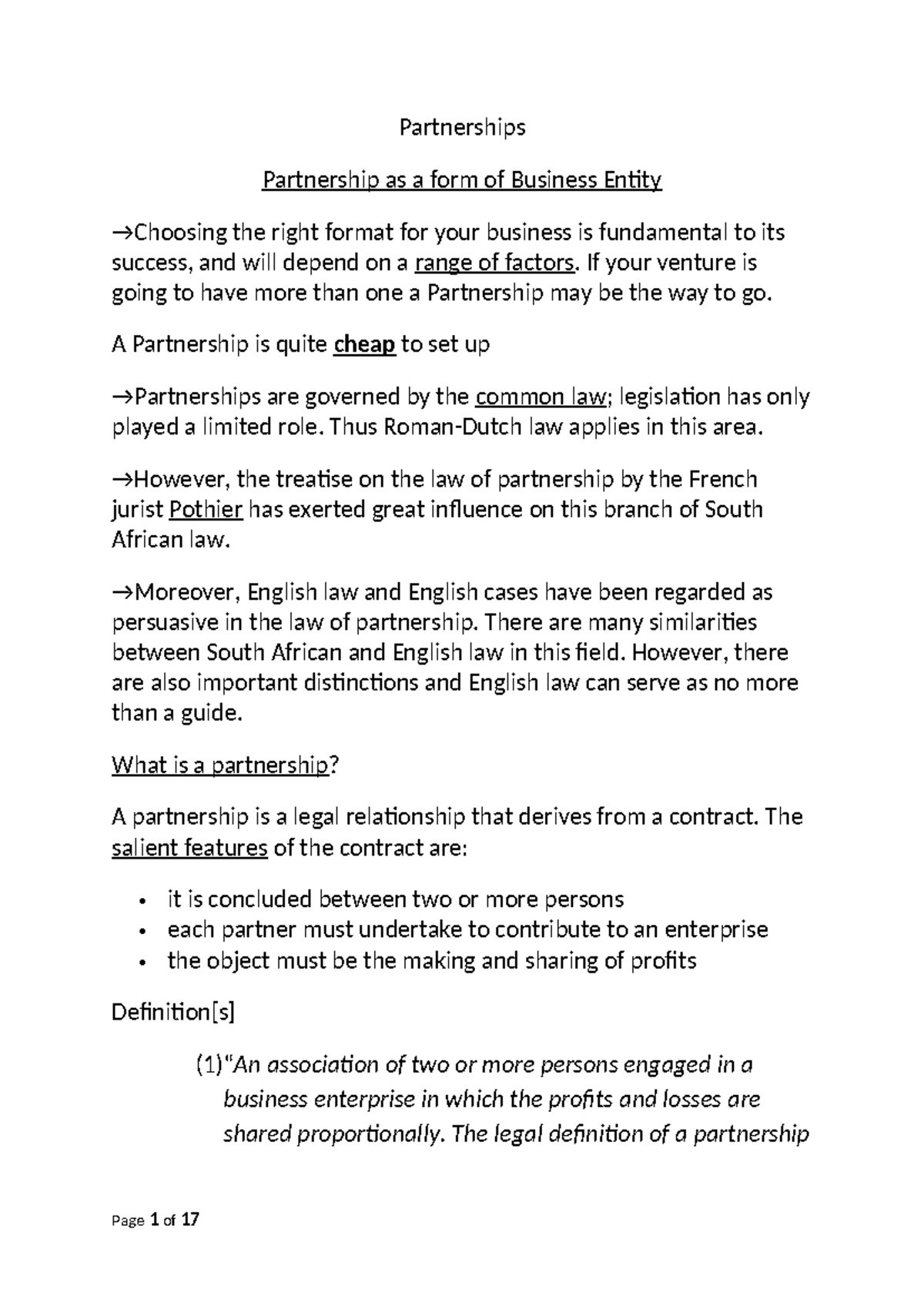 Partnerships Topic 1 2 - notes - Partnerships Partnership as a form of ...