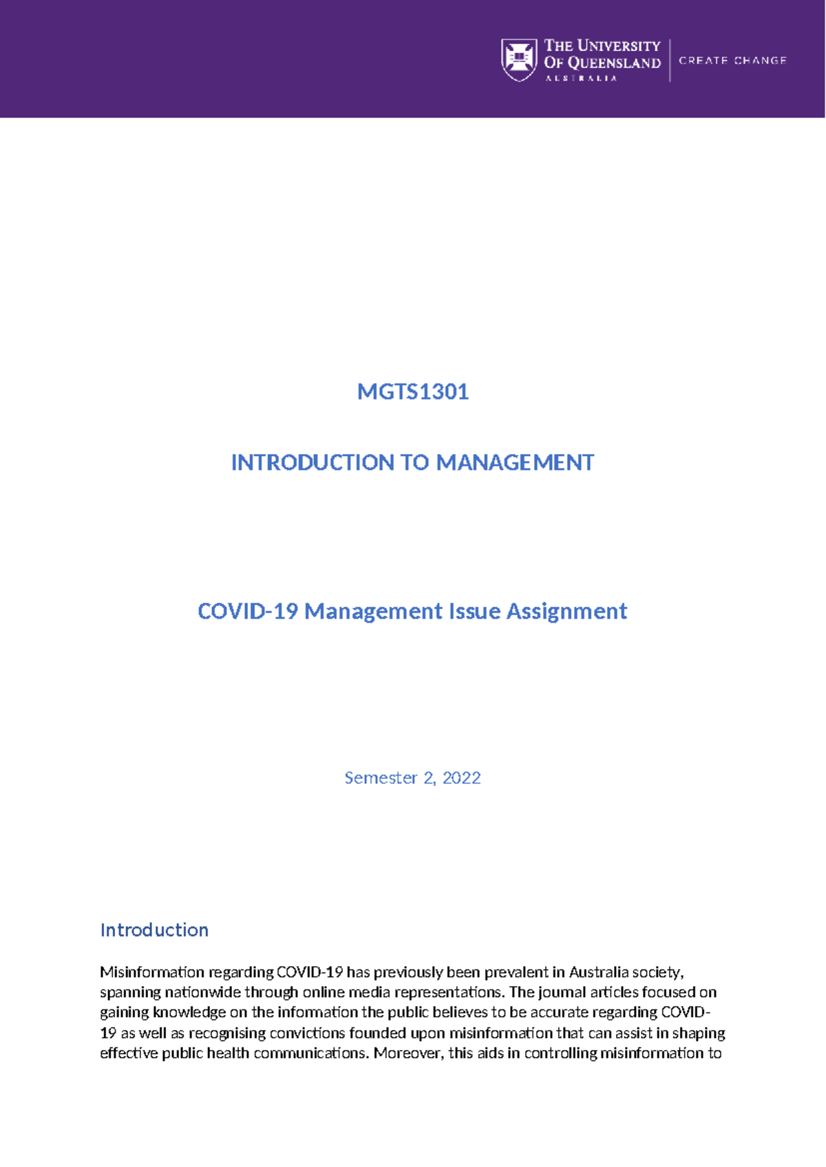 MGTS1301 - MGTS INTRODUCTION TO MANAGEMENT COVID-19 Management Issue ...