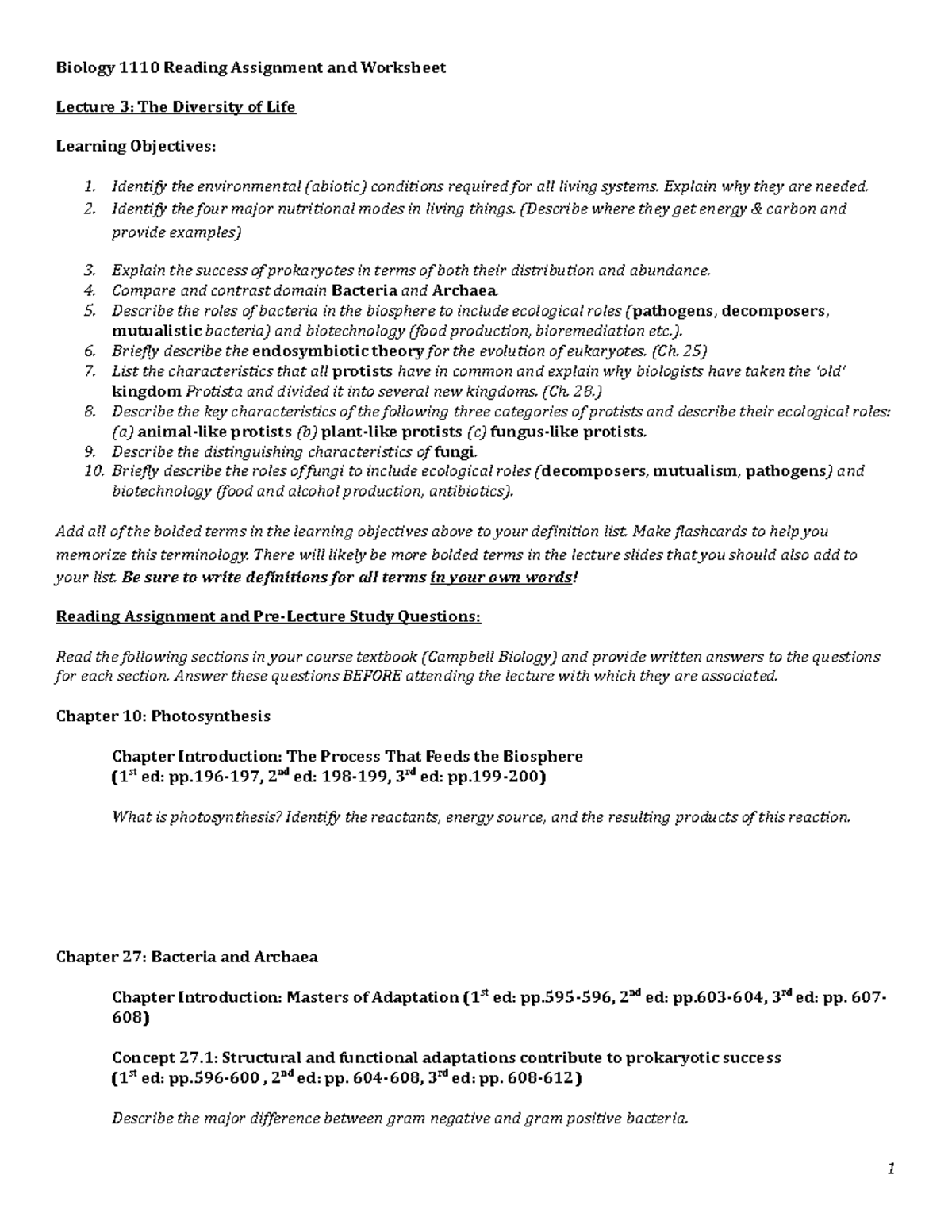 Lecture 3 Diversity of Life Reading Assignment and Worksheet F2023 - Biology 1110 Reading ...