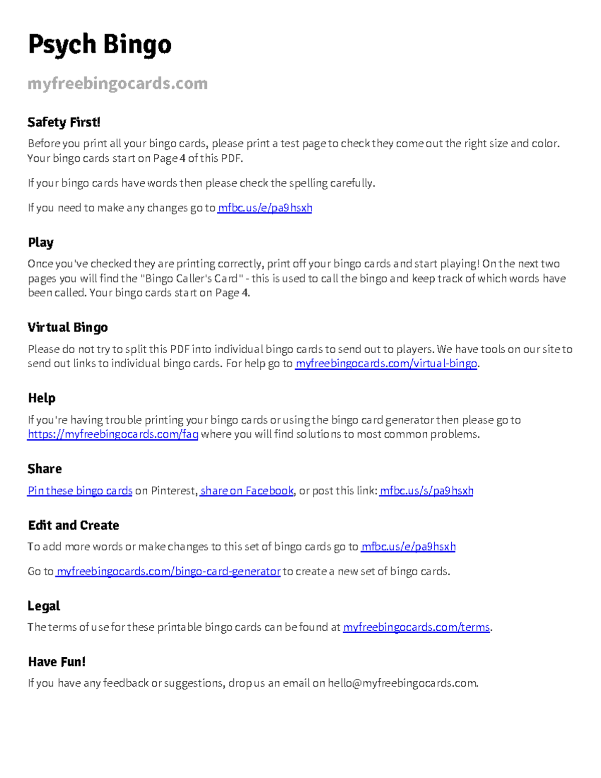 Psych Bingo - Psych Bingo myfreebingocards Safety First! Before you ...