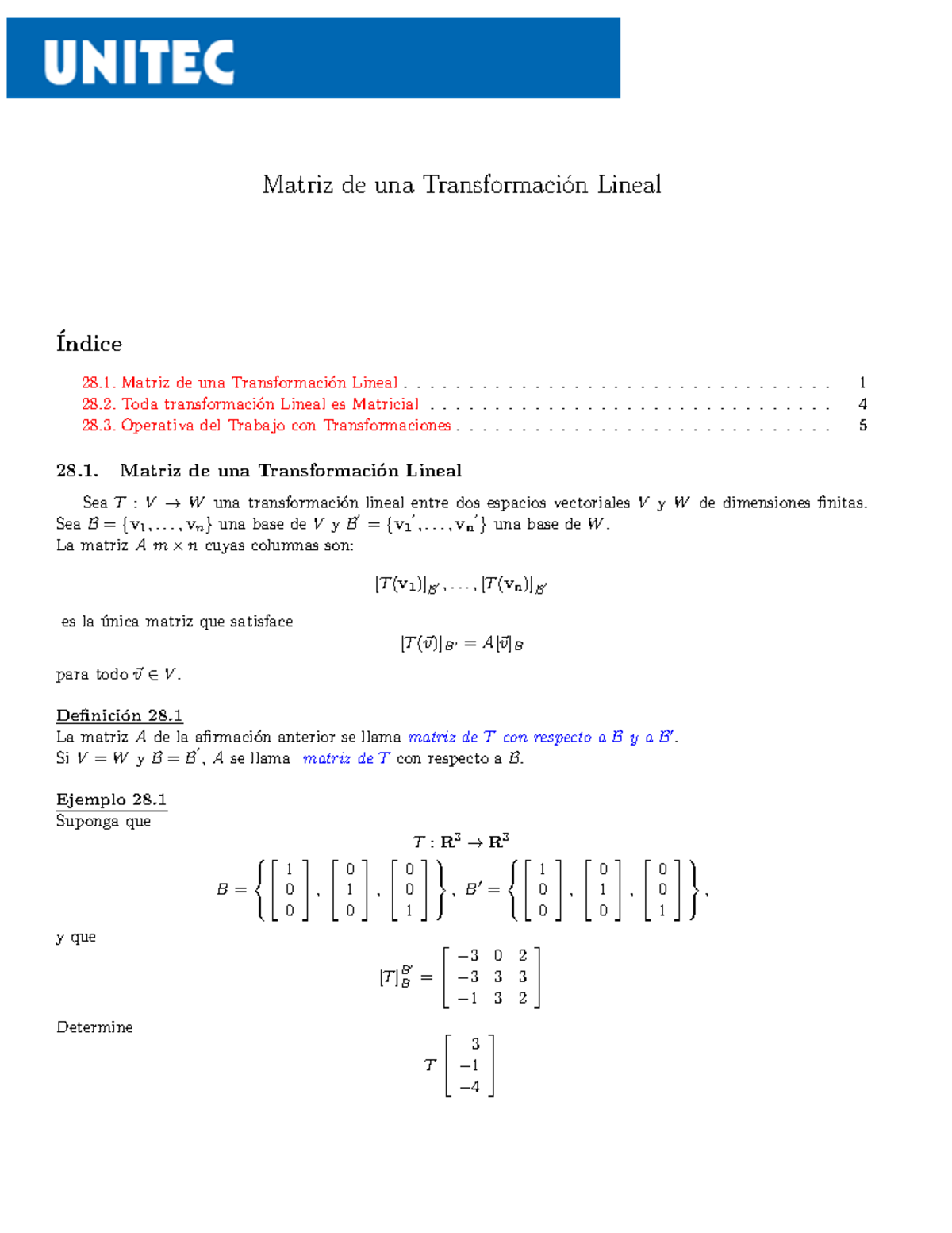 Lectura 8 1 - Resumen Álgebra lineal aplicada - Matriz de una Transformaci ́on Lineal ́Indice ...