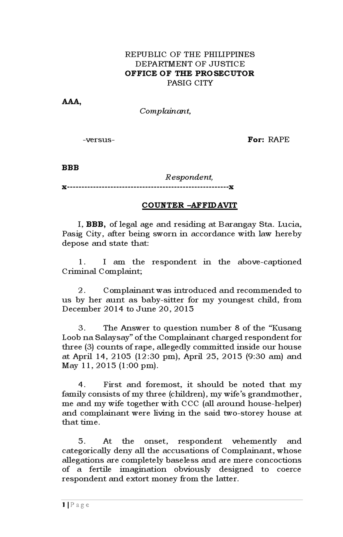 Counter sample rape 1 - REPUBLIC OF THE PHILIPPINES DEPARTMENT OF ...