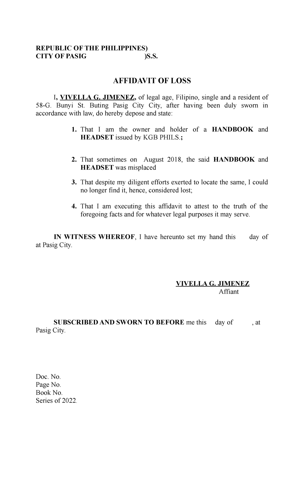 Aff of loss -passbook Vivella G. Jimenez - REPUBLIC OF THE PHILIPPINES ...