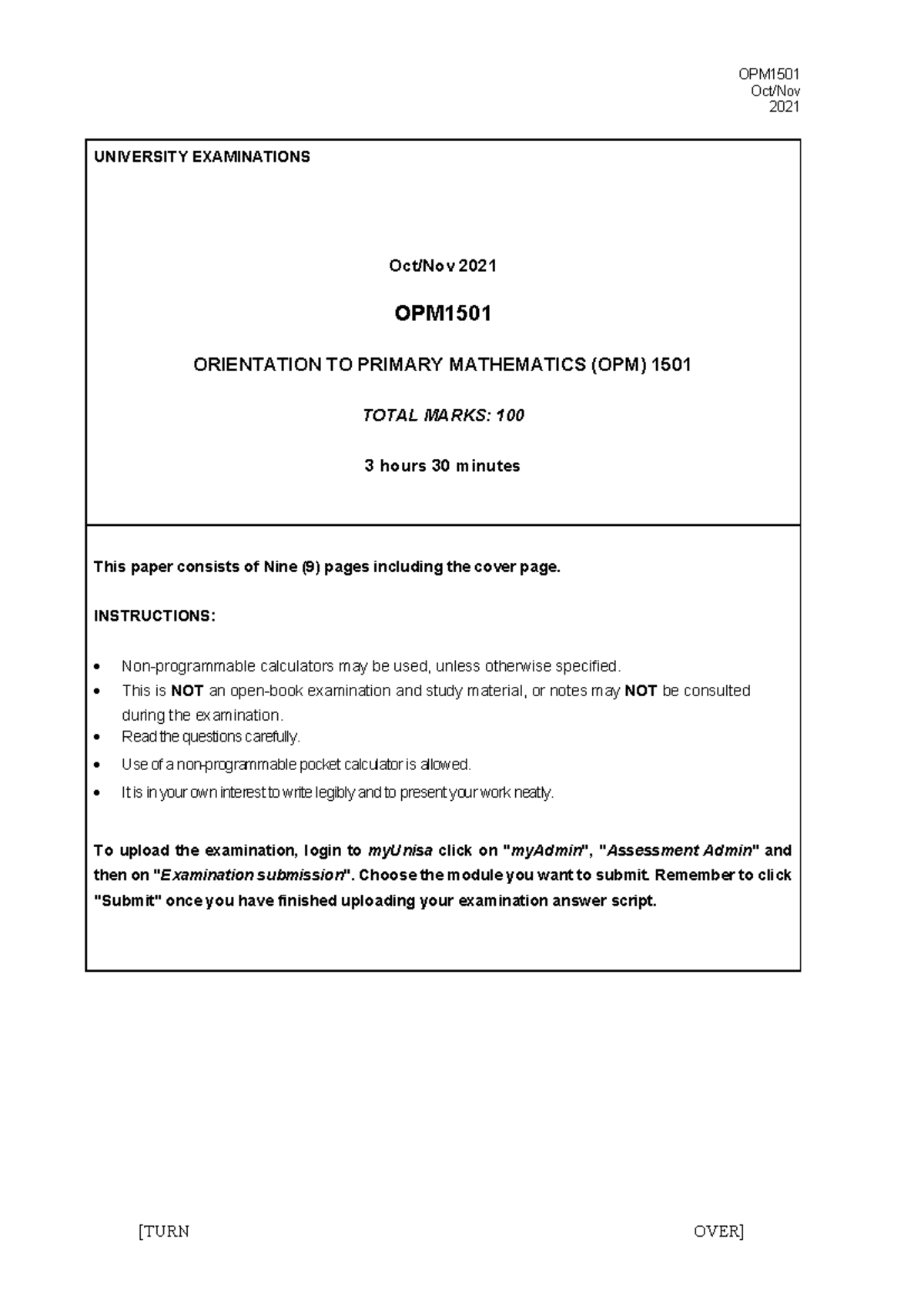 OPM1501 Oct Nov Supplementary 2021 - ####### Oct/Nov ####### 2021 [TURN ...