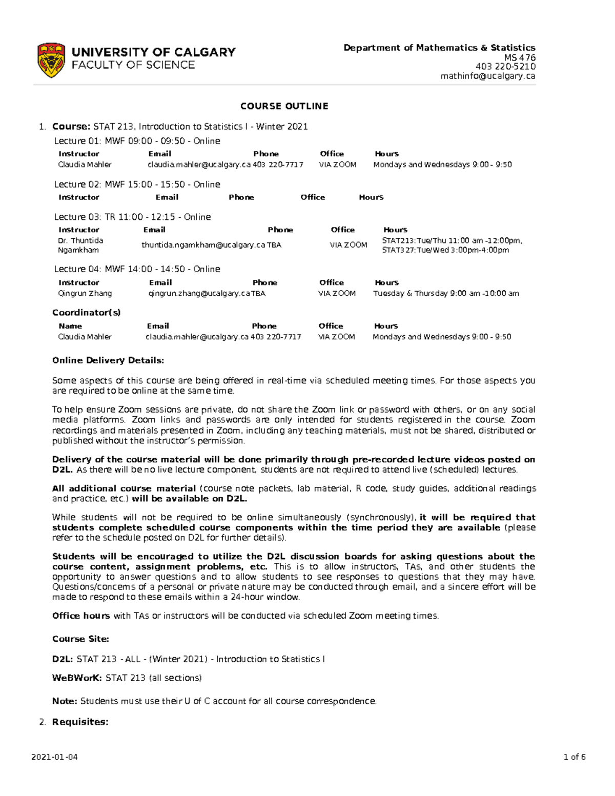 Course Outline-STAT 213 - Department of Mathematics & Statistics MS 476 ...