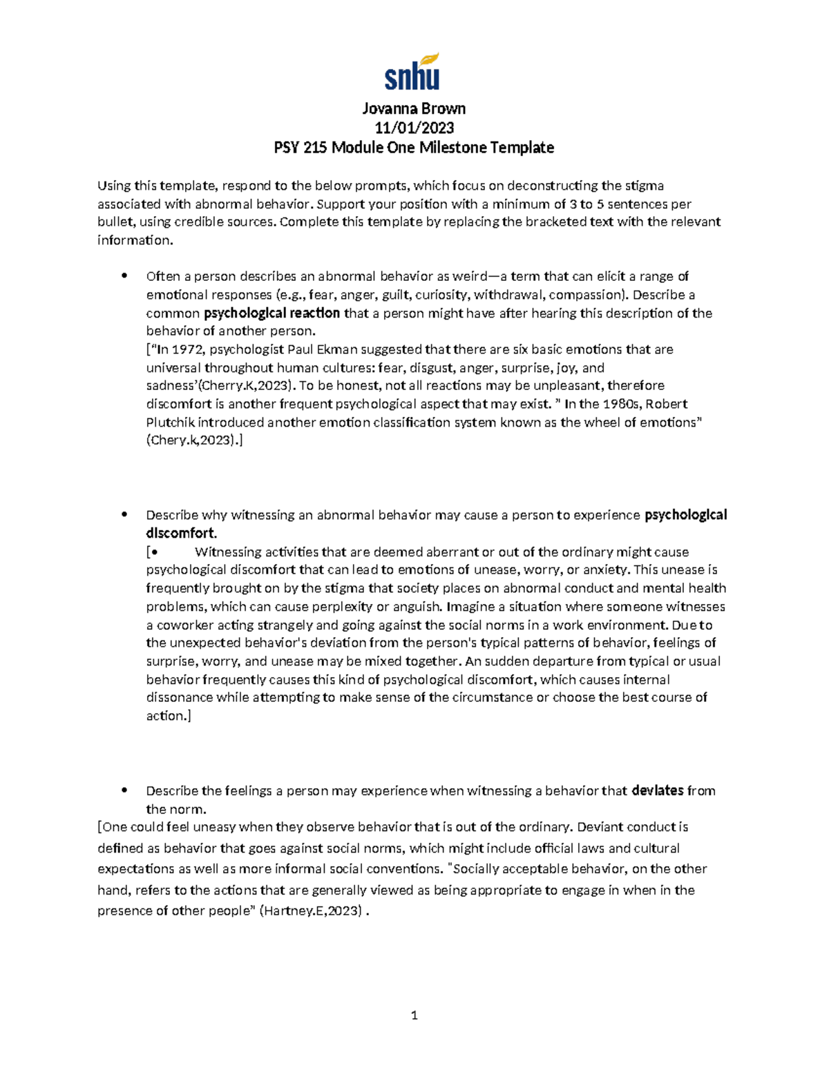 PSY 215 Module One Milestone Template (1) Jovanna Brown - Jovanna Brown ...