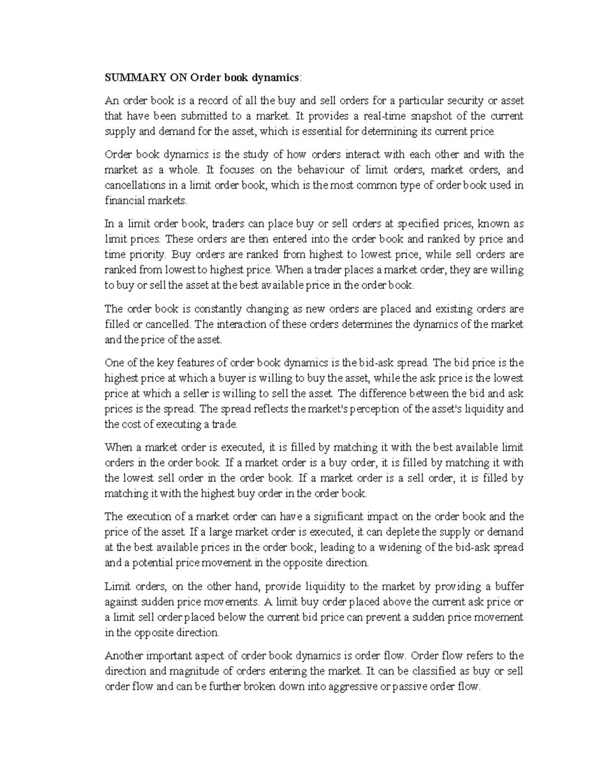 Summary ON Order book dynamics - SUMMARY ON Order book dynamics: An ...