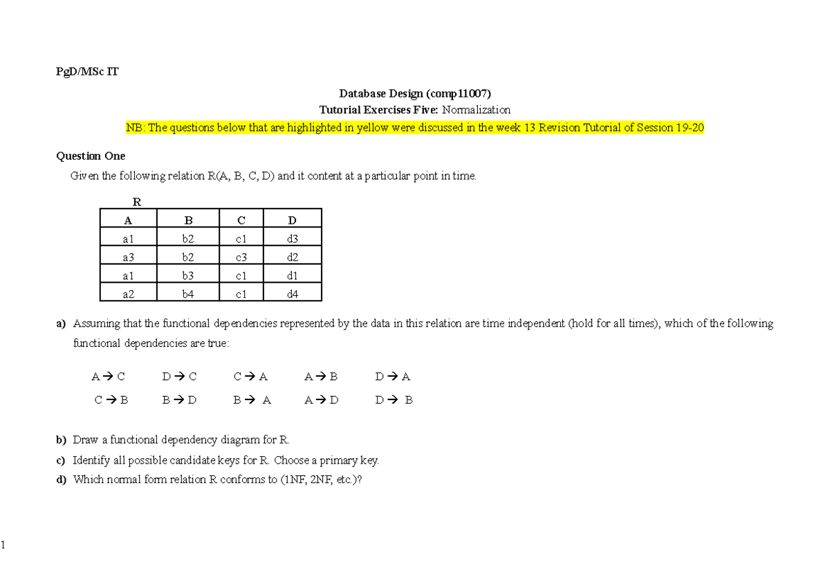 (JF) Tutorial 5 on Normalisation 27Nov2017 amended on 28Nov2020 - PgD/MSc IT Database Design ...