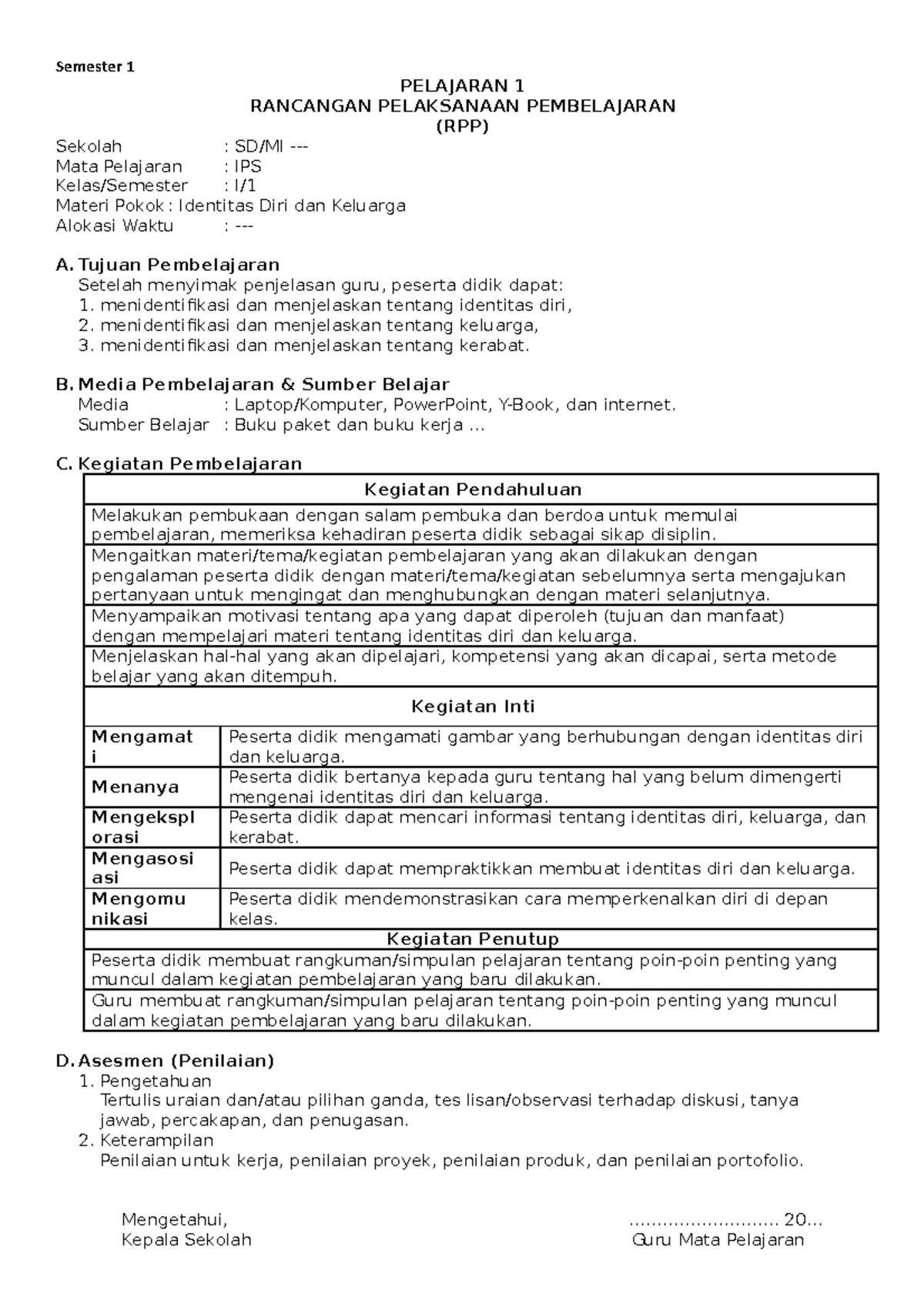 RPP SD (IPS Kelas 1) - Semester 1 PELAJARAN 1 RANCANGAN PELAKSANAAN ...