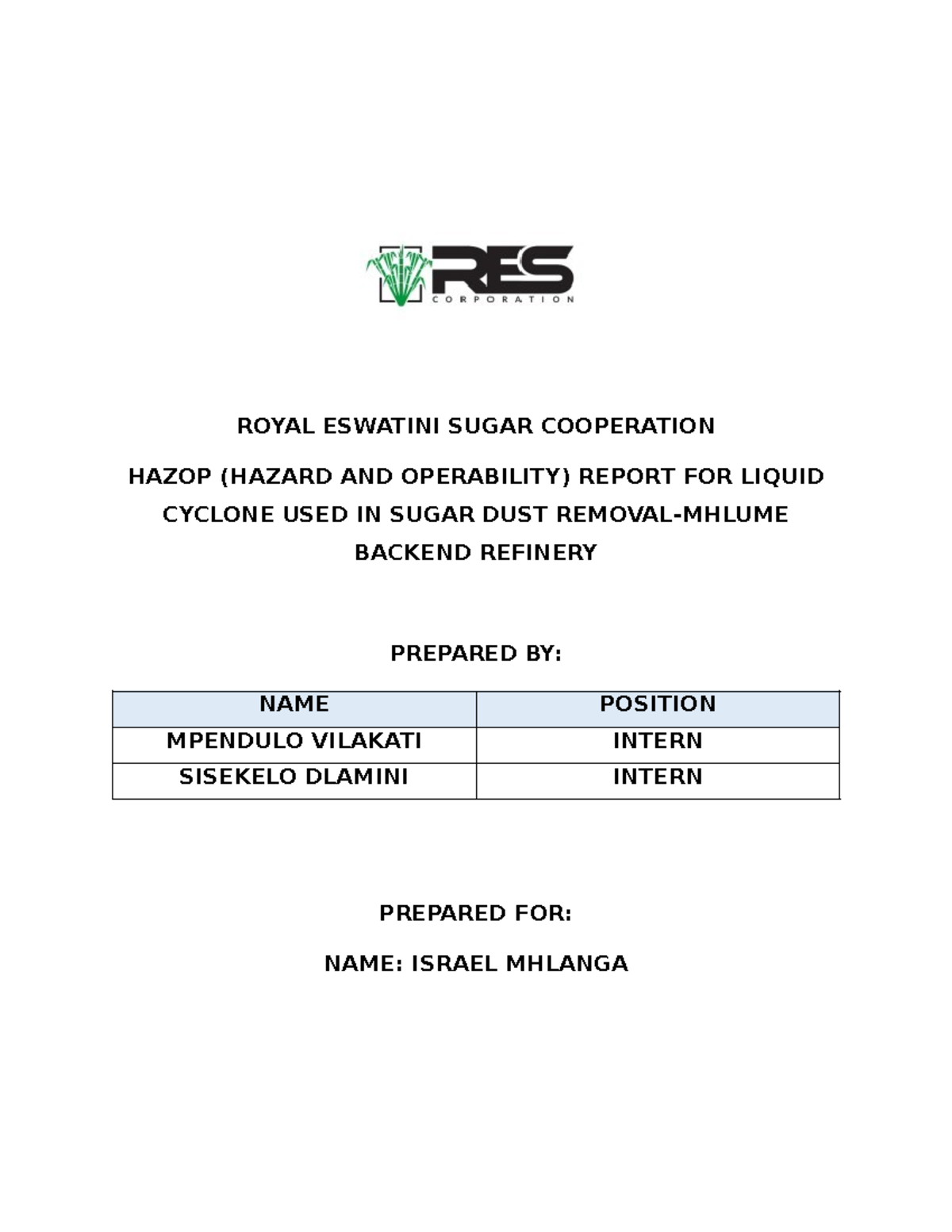 Hazop Study FOR A Liquid Cyclone- Mhlume Sugar Refinery - ROYAL ...