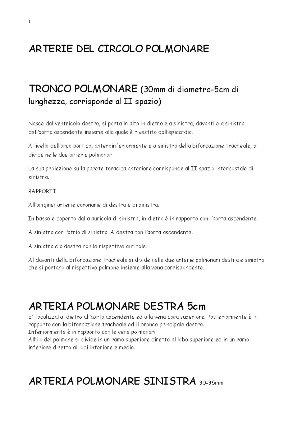 Testo Sistematica Arterie E VENE - ARTERIE DEL CIRCOLO POLMONARE TRONCO ...