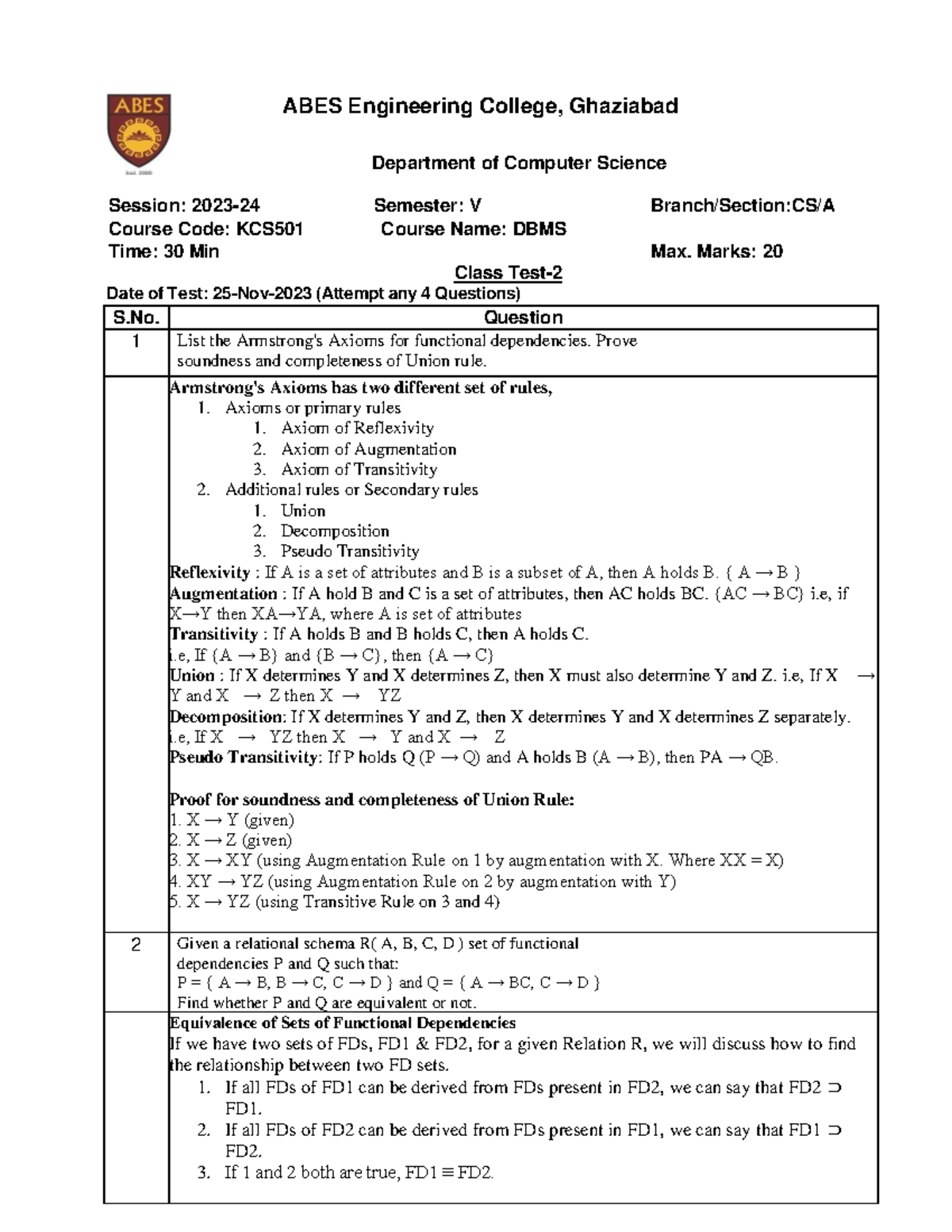 DBMS Classs Test-2 - Solution - ABES Engineering College, Ghaziabad ...