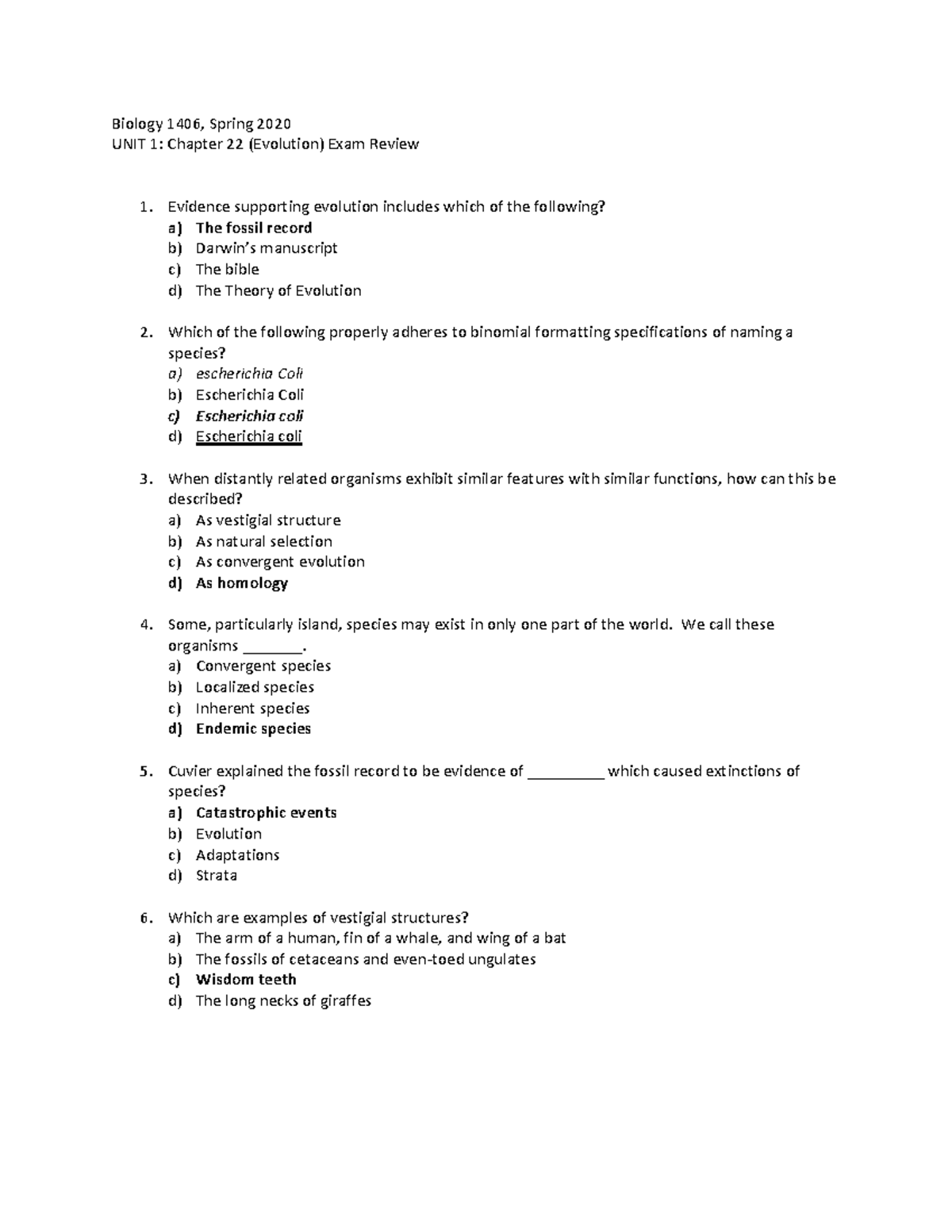 Biology 1406 Ch 22 Exam Review (MC) - Biology 1406, Spring 2020 UNIT 1 ...