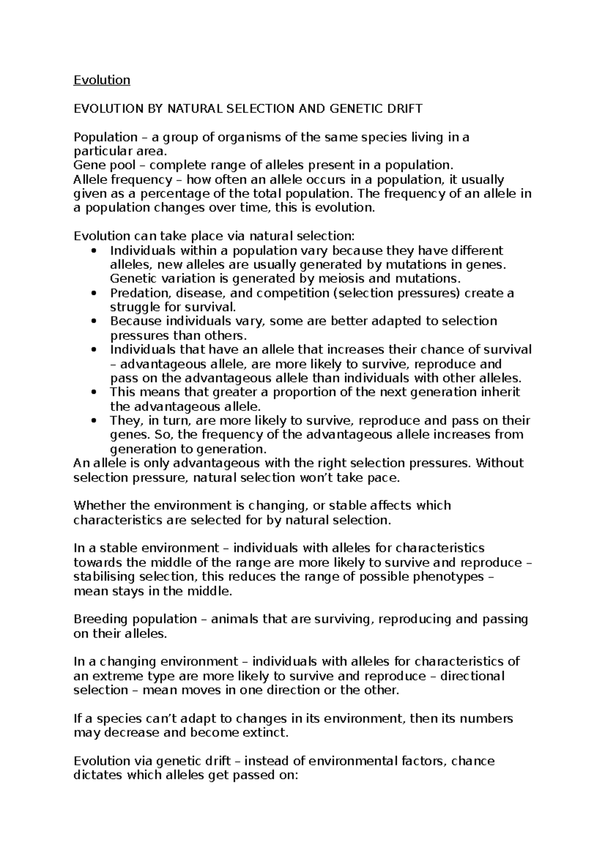 Evolution - A level revision - Evolution EVOLUTION BY NATURAL SELECTION ...