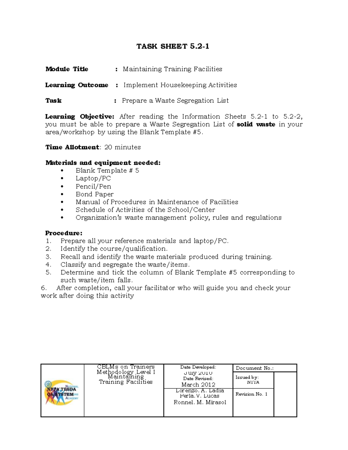 Maintain-Training-Facilities 2 task sheet 5 - CBLMs on Trainers ...