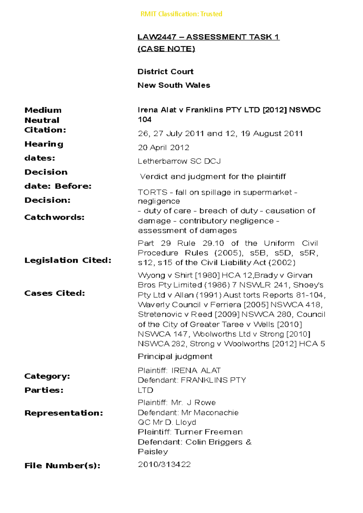 LAW2447 Casenote Assignment 1 Sem 3 2023-1 - Medium Neutral Citation ...