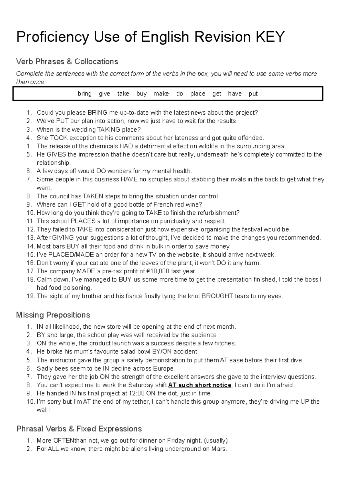 Proficiency Use of English Revision Key - When is the wedding TAKING ...