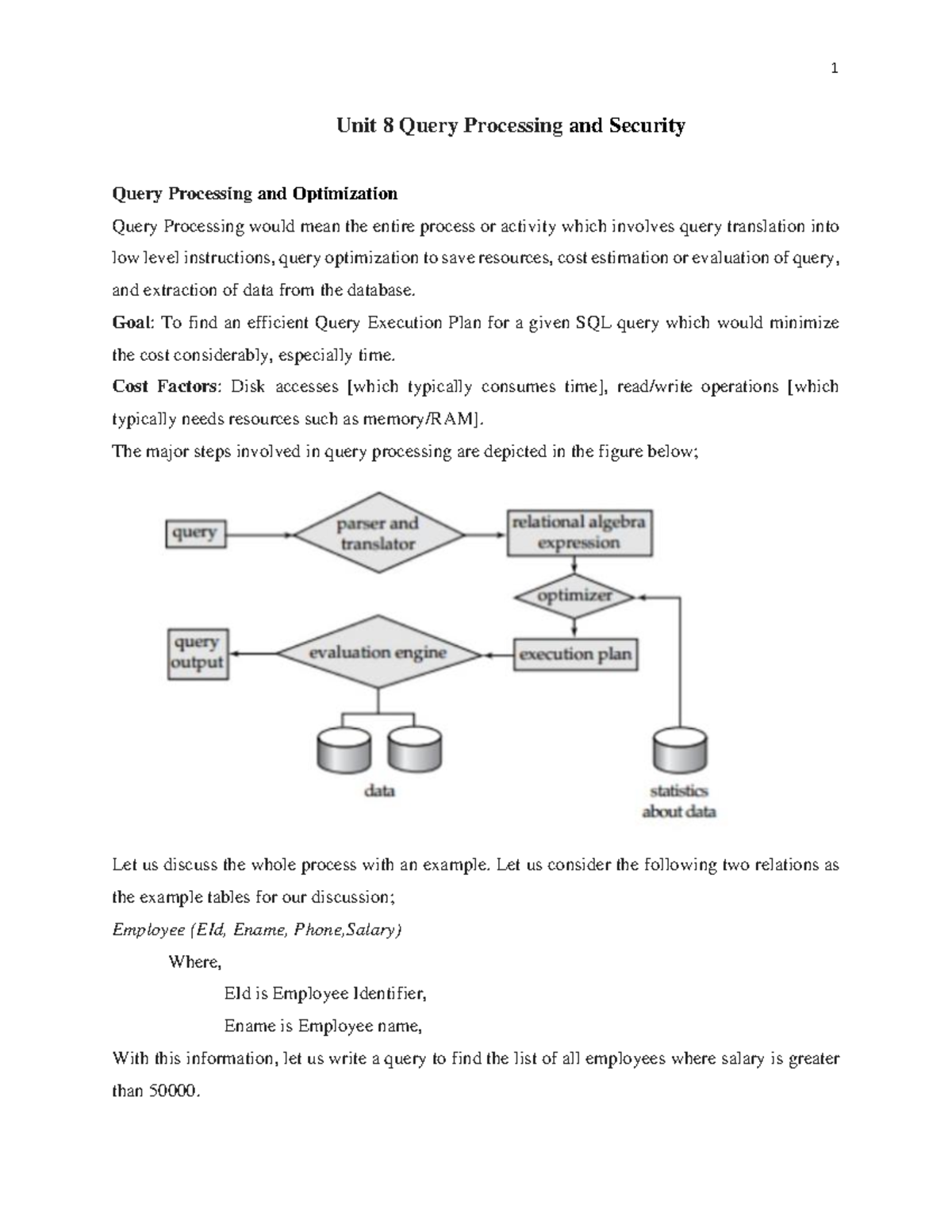 Unit 8 Query Processing And Security Unit 8 Query Processing And Security Query Processing And