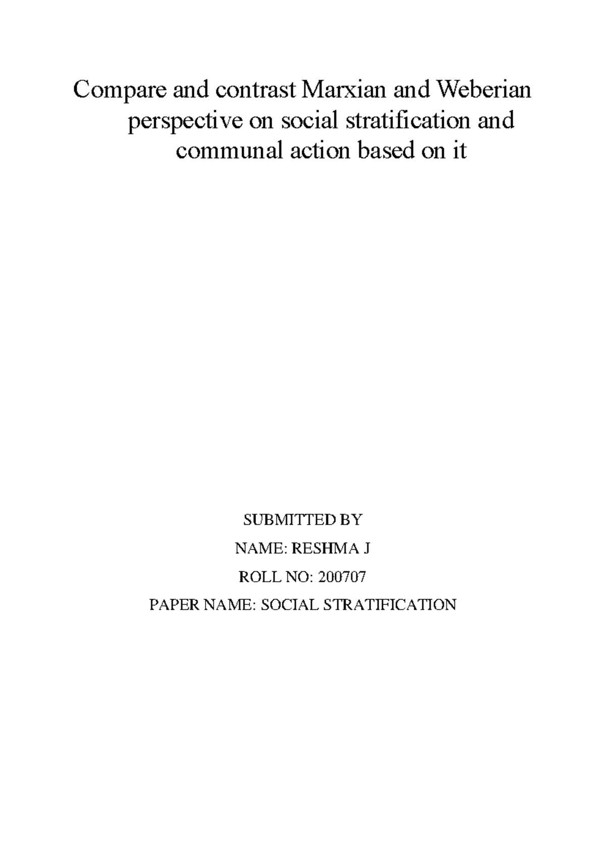 Social Stratification Assignment - Compare and contrast Marxian and ...