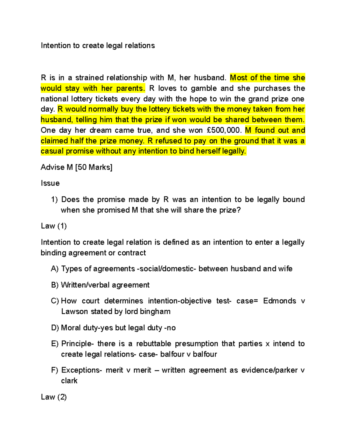 Intention to create legal relations-pyq - Most of the time she would ...