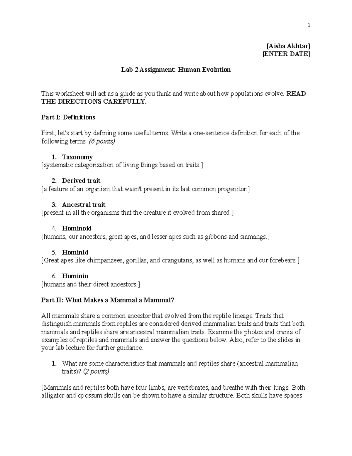 Lab 2 Assignment-Human Evolution - [Aisha Akhtar] [ENTER DATE] Lab 2 ...
