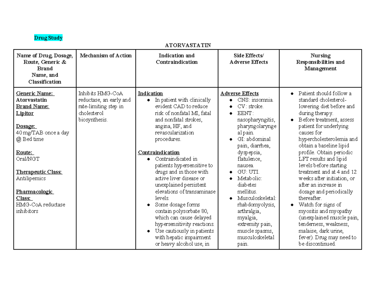 Drug Study - drug - Drug Study ATORVASTATIN Name of Drug, Dosage, Route ...