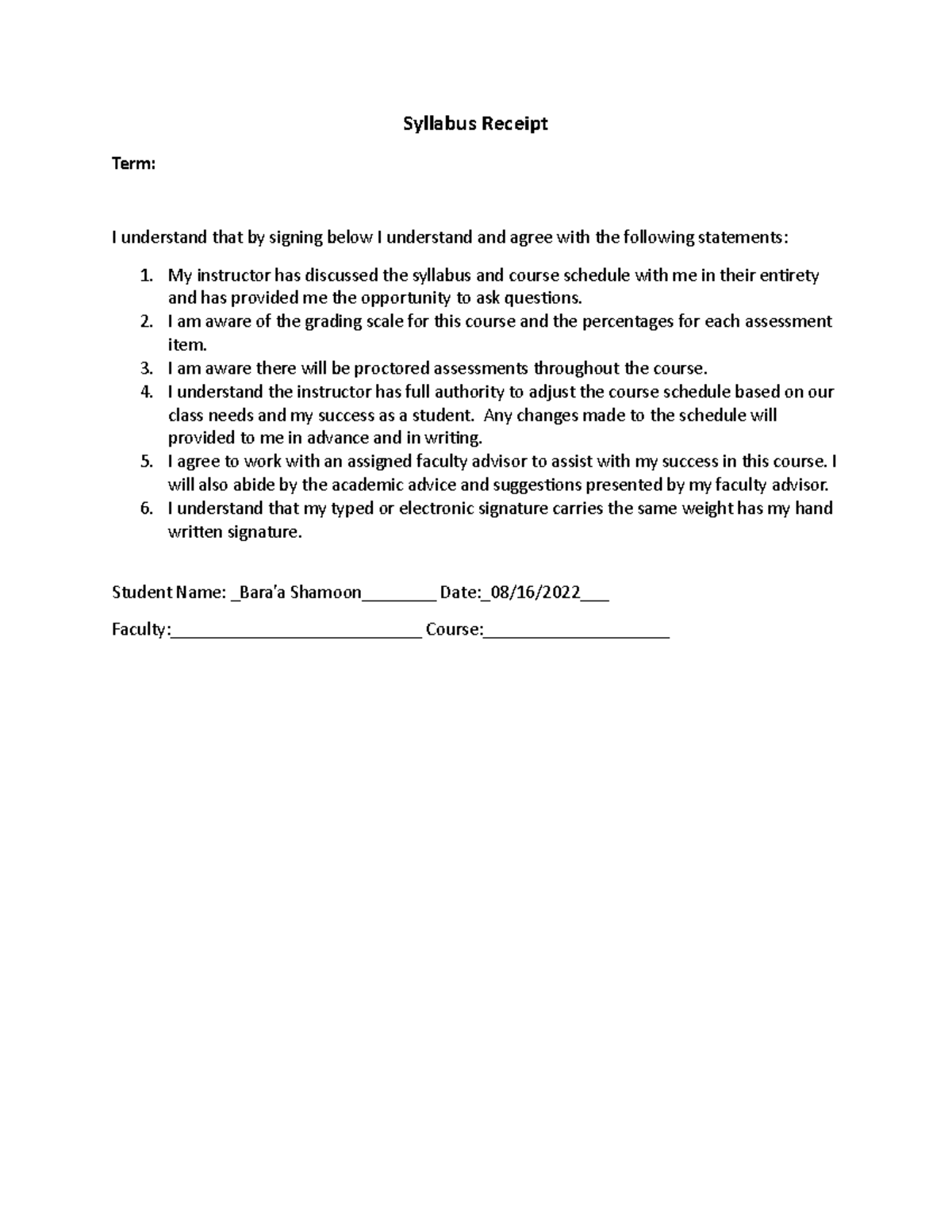 Syllabus Receipt - sdfsdfsd - Syllabus Receipt Term: I understand that ...