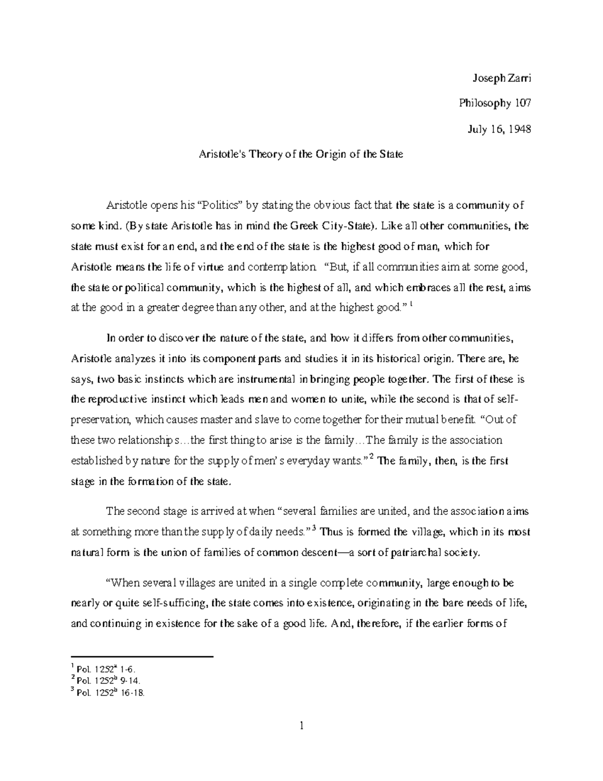 Aristotles Theory of the Origin of the State Draft 2 (Not for school ...