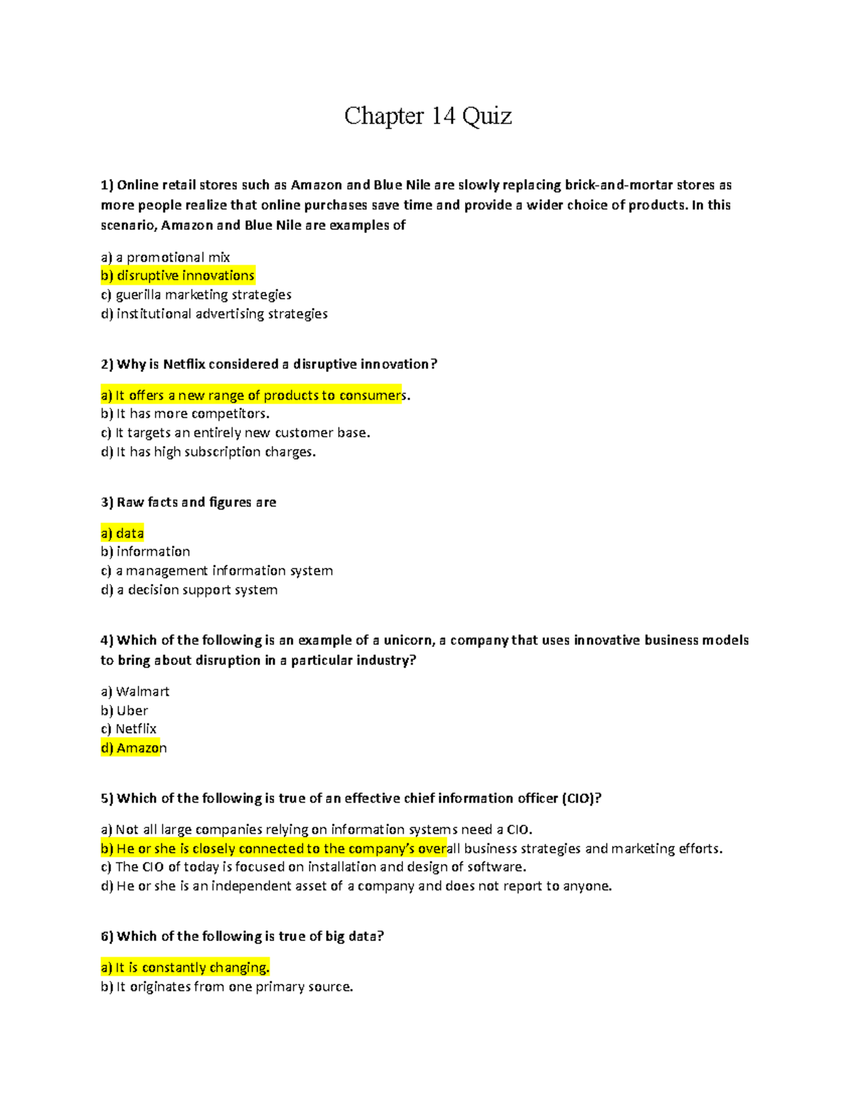 Chapter 14 Quiz - Chpt 14 Quiz - Chapter 14 Quiz Online retail stores ...