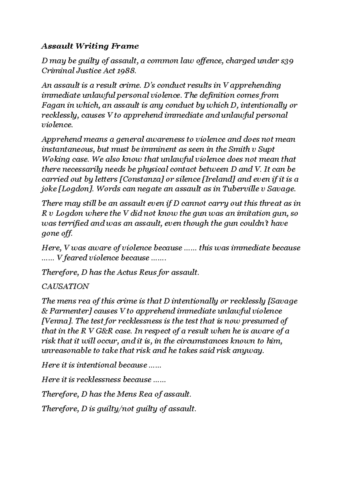 Assault Writing Frame - Revision tools - Assault Writing Frame D may be ...