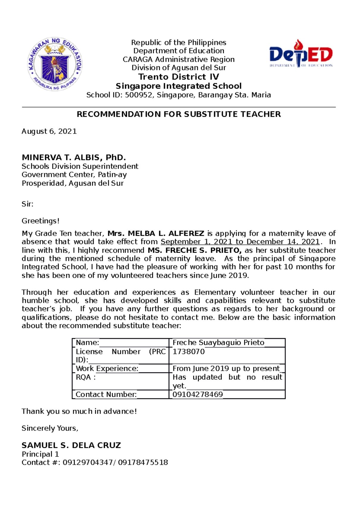 Recommendation for sub teacher - Republic of the Philippines Department ...