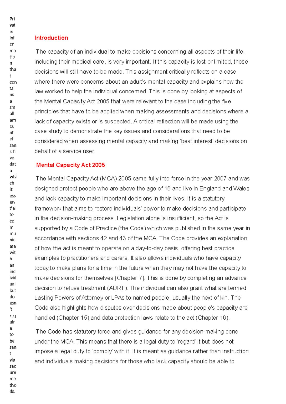 Mental Capacity Reflective Account - vat e: Inf or ma tio n tha t con ...