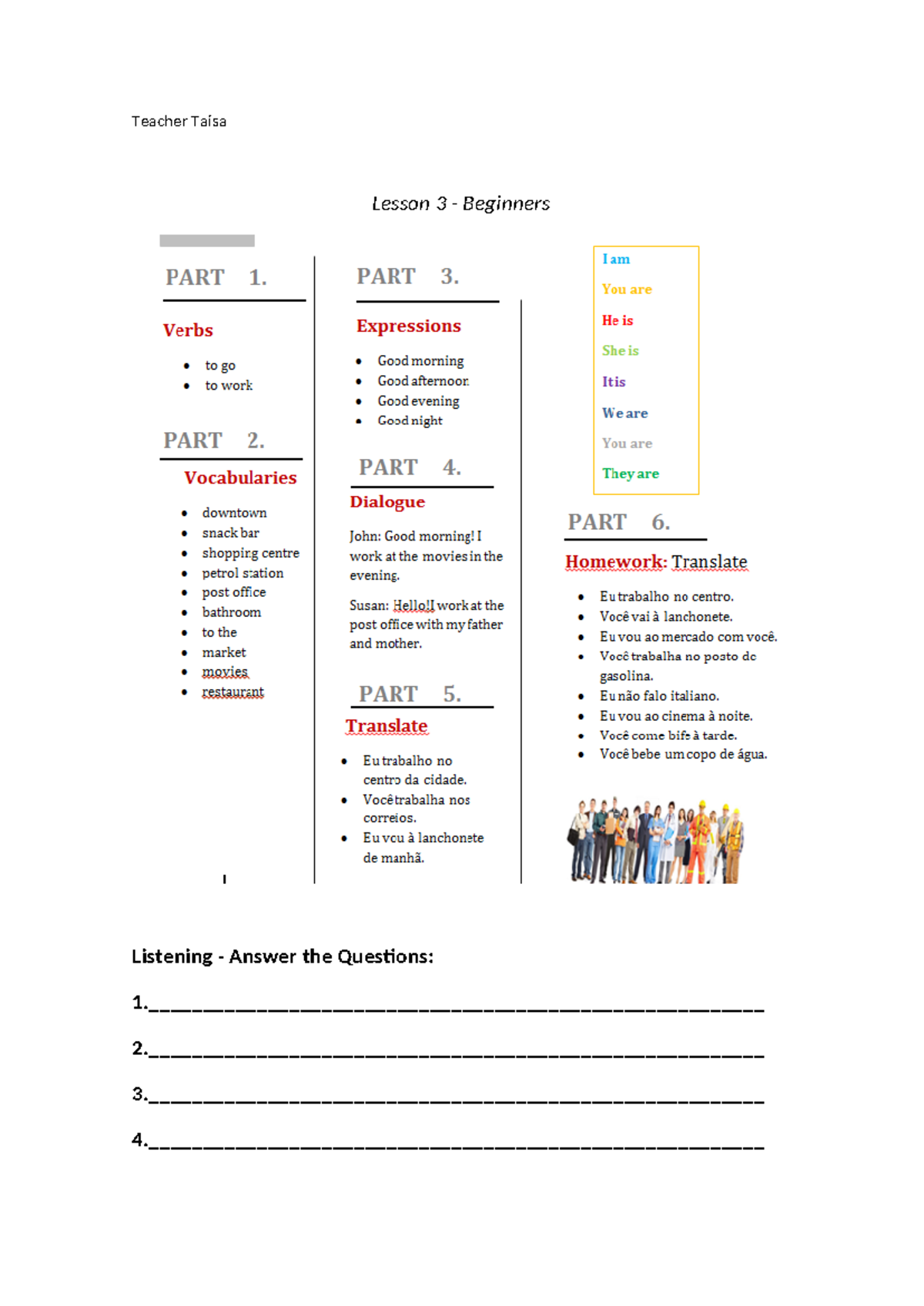Lesson 3 - Anotações de aula - Inglês I - Teacher Taisa Lesson 3 ...