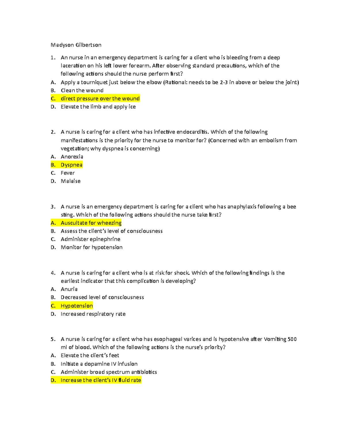 Student quiz over sepsis, shock, and MODS & Neuro - Madyson Gilbertson ...